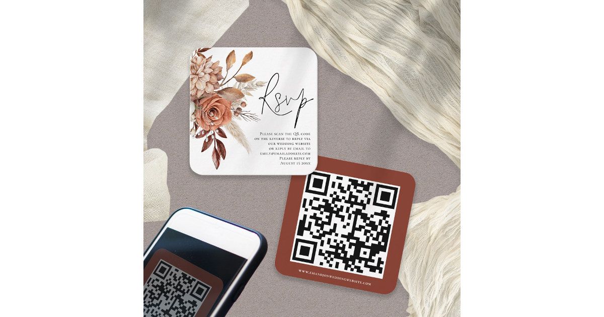 Terracotta Florals Script QR Code Wedding RSVP Enclosure Card | Zazzle