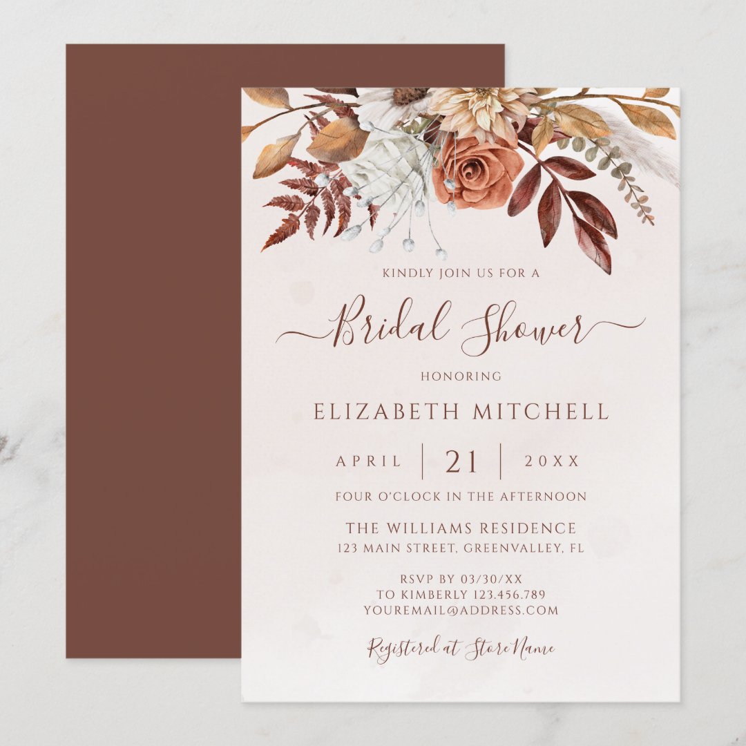 Terracotta Flowers Boho Fall Earthy Bridal Shower Invitation | Zazzle