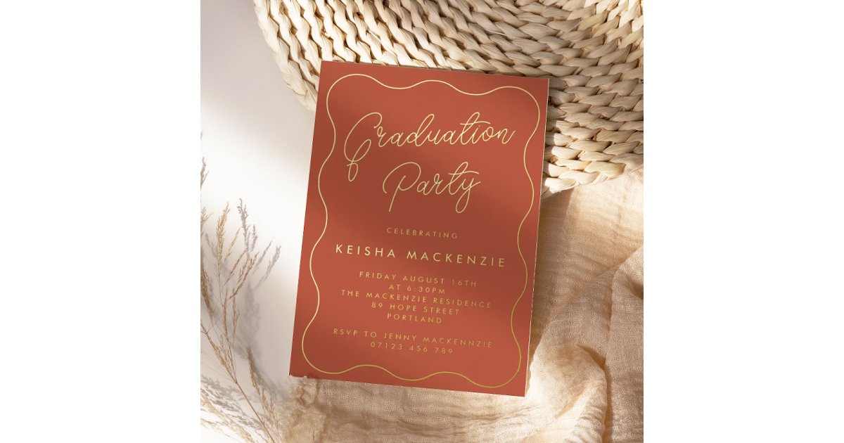 Terracotta & Gold Squiggle Graduation Party Foil Invitation | Zazzle