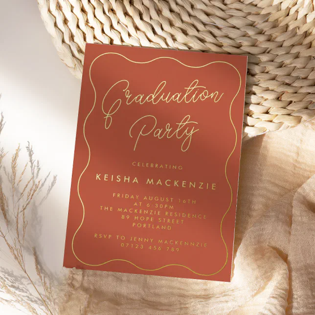 Terracotta & Gold Squiggle Graduation Party Foil Invitation | Zazzle