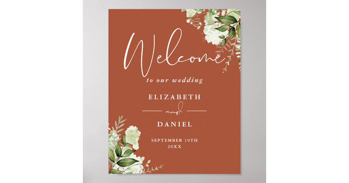 Terracotta Greenery Floral Wedding Welcome Sign | Zazzle