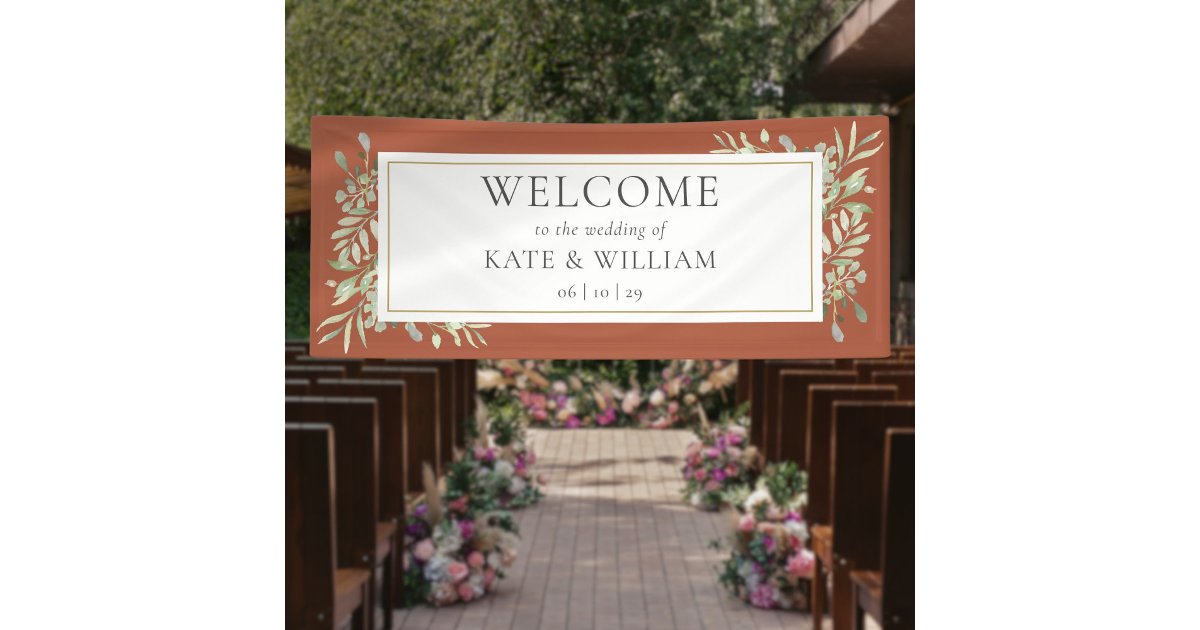 Terracotta Greenery Foliage Wedding Welcome Banner | Zazzle