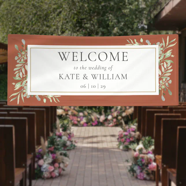 Terracotta Greenery Foliage Wedding Welcome Banner | Zazzle