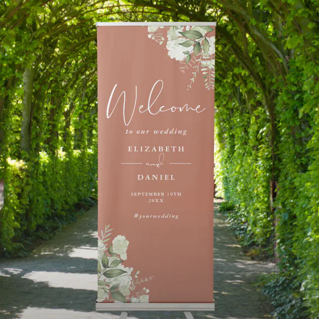 Terracotta Greenery Foliage Wedding Welcome Retractable Banner | Zazzle