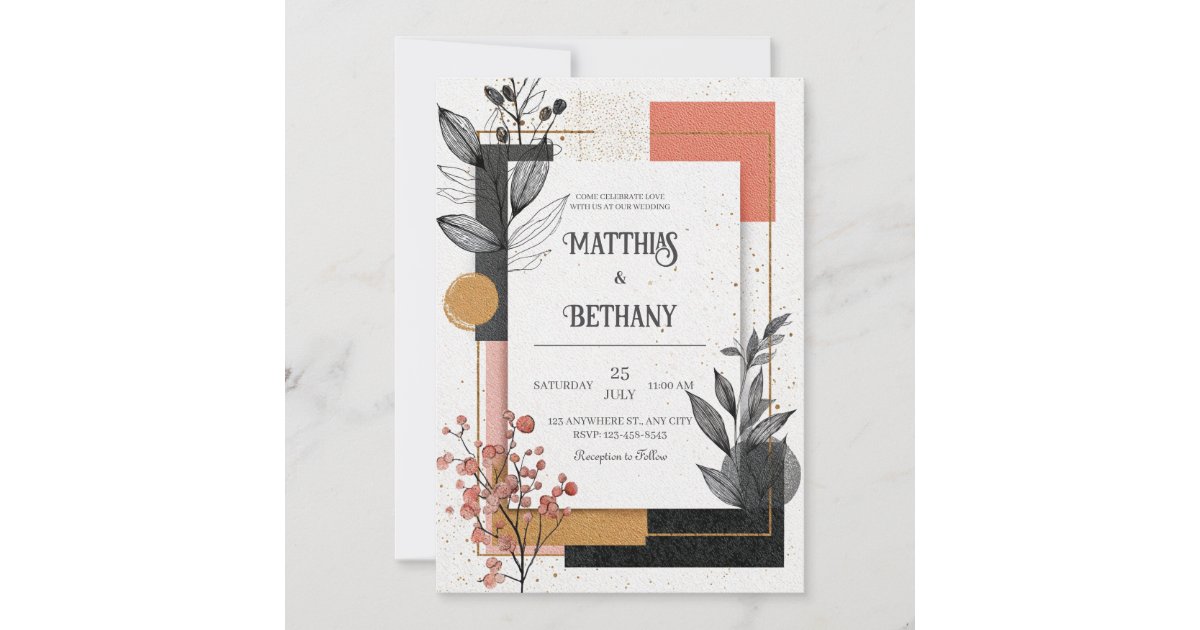 Terracotta & Ink Abstract Floral Wedding Invitation | Zazzle