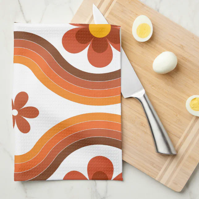 Terracotta Mid Century Modern Floral Rainbow Retro Kitchen Towel | Zazzle