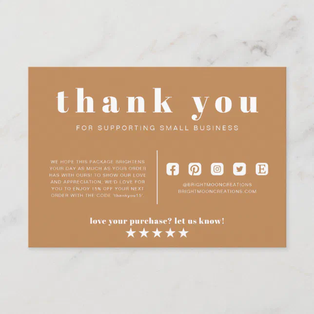 Terracotta Minimal Thank You Order Small Business Enclosure Card | Zazzle