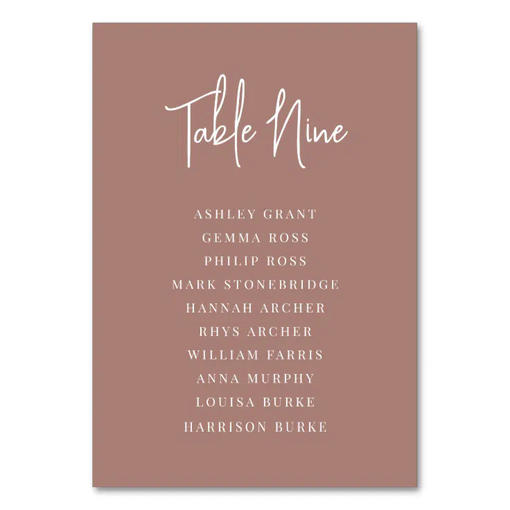 Terracotta Modern Handwritten + Serif Guest Names Table Number | Zazzle