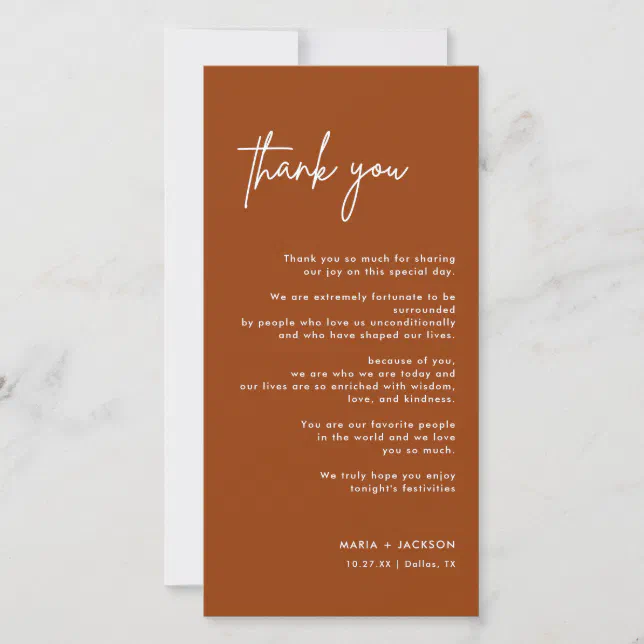 Terracotta Modern Wedding Table Thank You Note | Zazzle