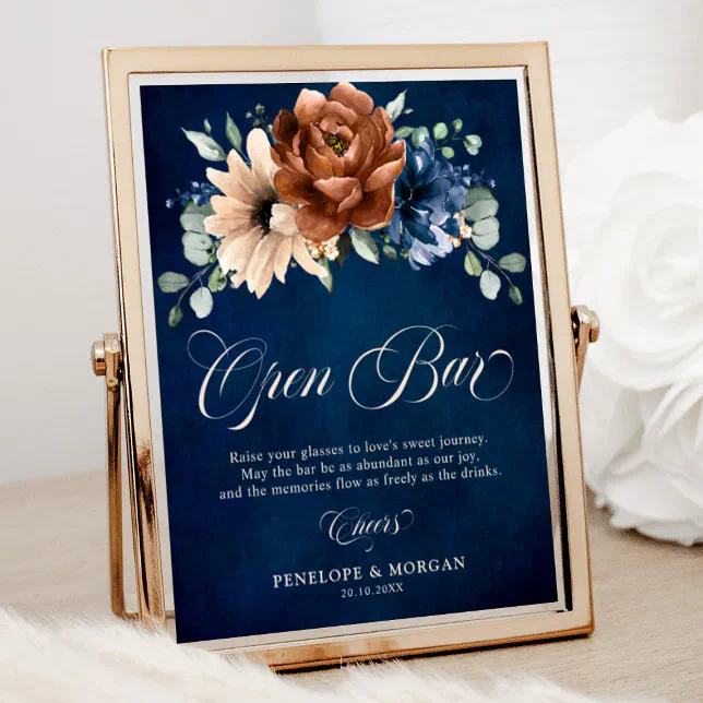 Terracotta Navy Blue Bridal Shower Open Bar Sign | Zazzle