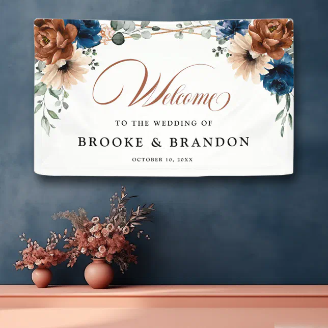Terracotta Navy Blue Geometric Wedding Welcome Banner | Zazzle