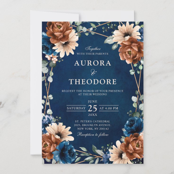 Terracotta Navy Blue Greenery Geometric Wedding In Invitation | Zazzle