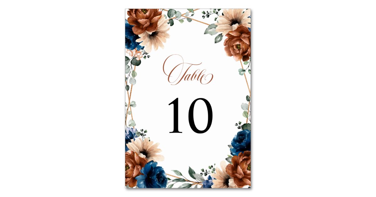 Terracotta Navy Blue Greenery Geometric Wedding Table Number | Zazzle