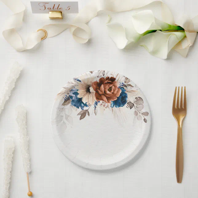 Terracotta Navy Blue Pampas Grass Rustic Wedding Paper Plates | Zazzle