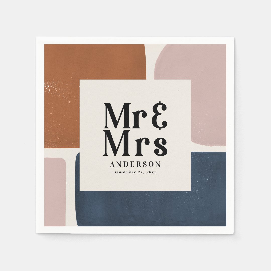 Terracotta navy Mr & Mrs modern painterly wedding Napkins | Zazzle