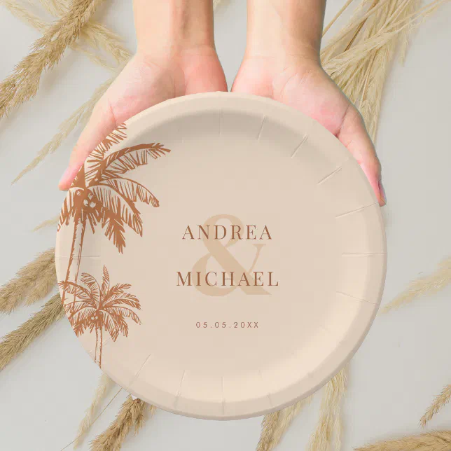 Terracotta Palm Trees & Ampersand Beach Wedding Paper Plates | Zazzle