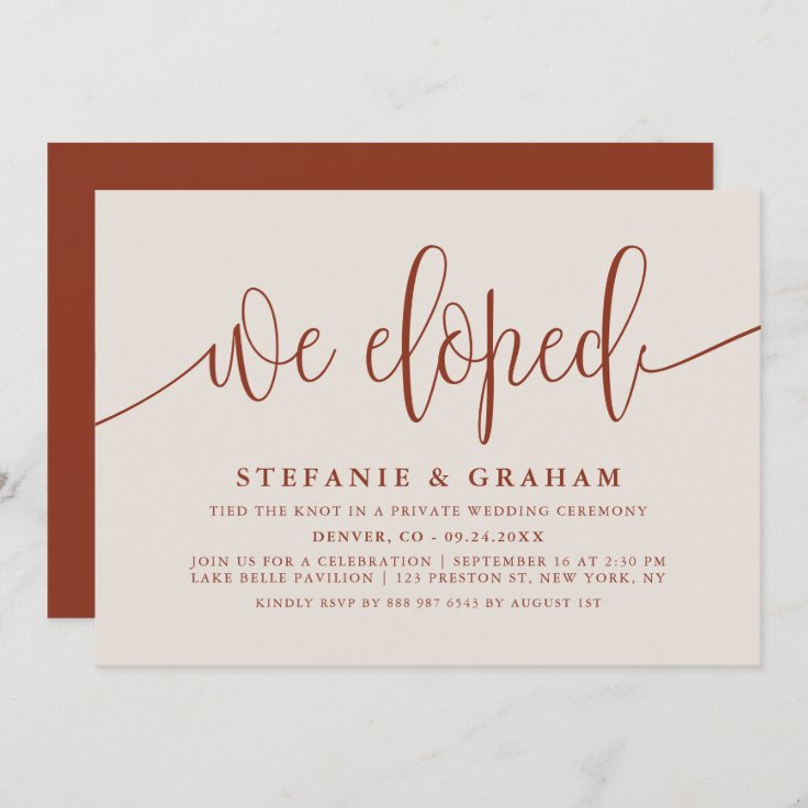 Terracotta Pretty Calligraphy Wedding Elopement Invitation | Zazzle