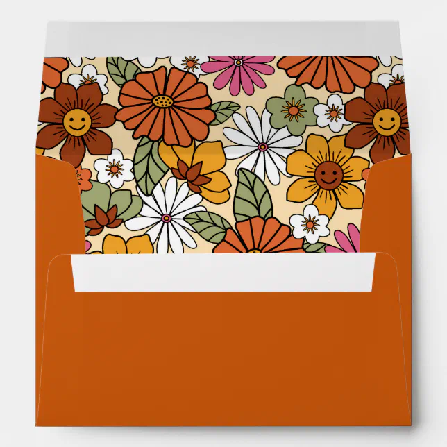 Terracotta Retro Groovy Hippie Floral 70s Wedding Envelope | Zazzle