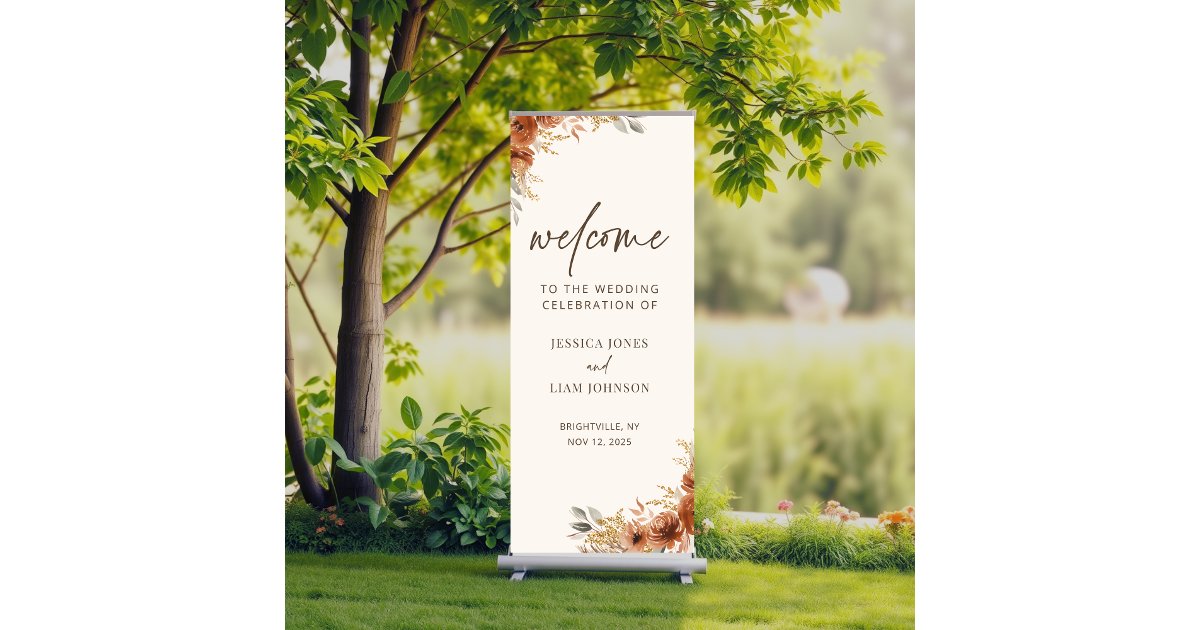 Terracotta Rust Fall Floral Wedding Welcome Retractable Banner | Zazzle