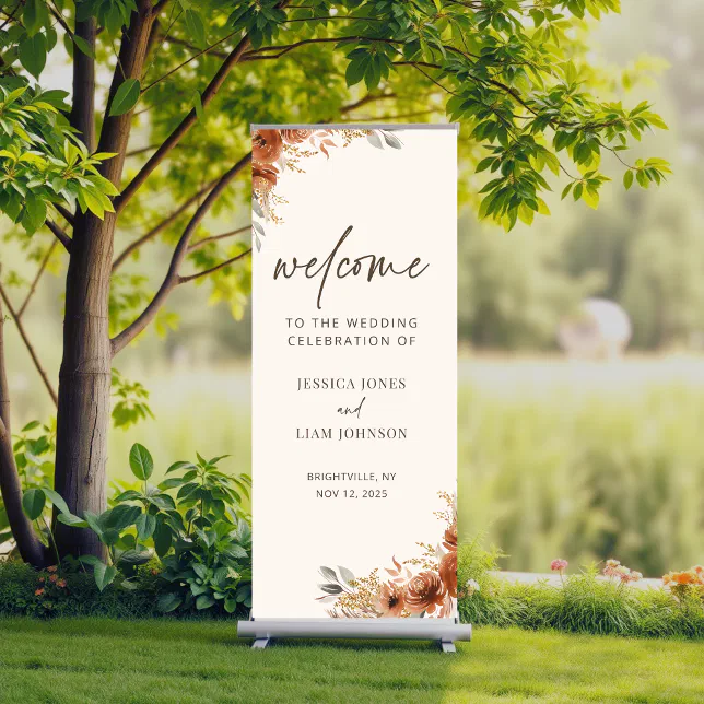 Terracotta Rust Fall Floral Wedding Welcome Retractable Banner | Zazzle