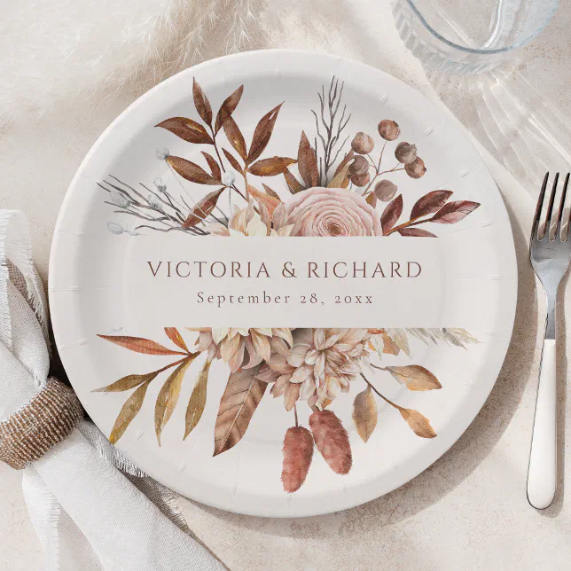 Terracotta Rust Flowers Boho Fall Foliage Paper Plates | Zazzle