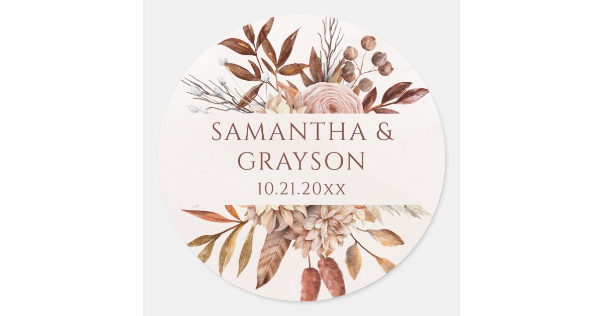 Terracotta Rust Flowers Boho Fall Foliage Wedding Classic Round Sticker ...