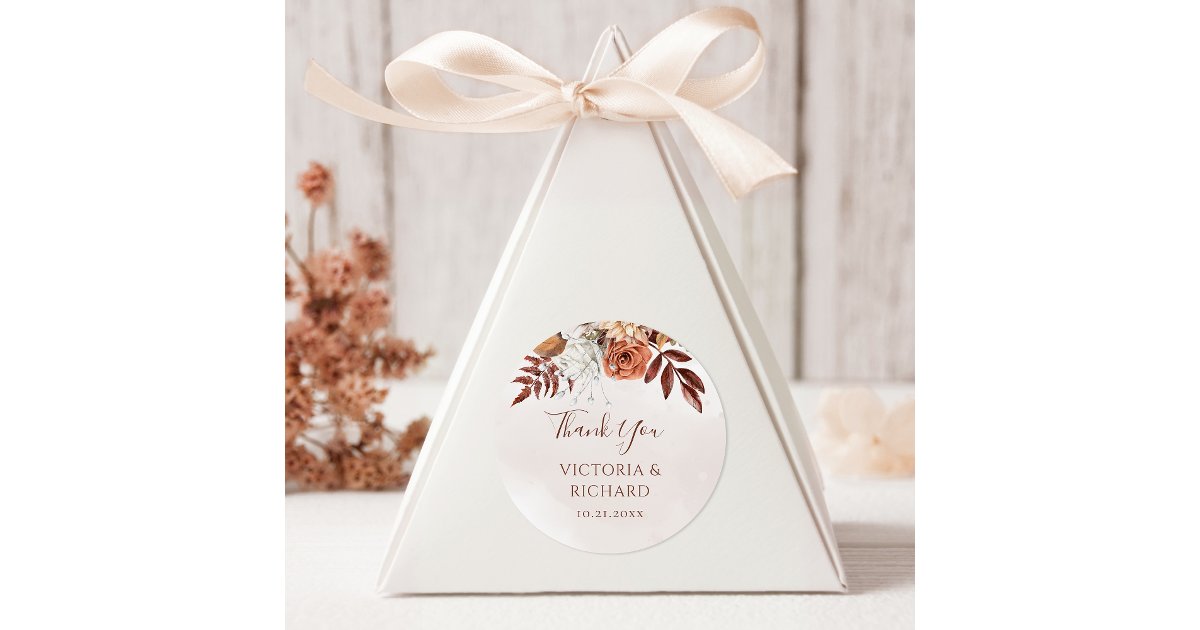 Terracotta Rust Flowers Boho Fall Foliage Wedding Classic Round Sticker ...