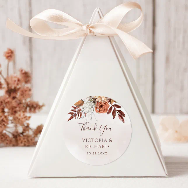 Terracotta Rust Flowers Boho Fall Foliage Wedding Classic Round Sticker ...