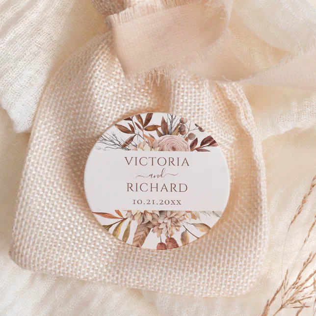 Terracotta Rust Flowers Boho Fall Foliage Wedding Classic Round Sticker ...