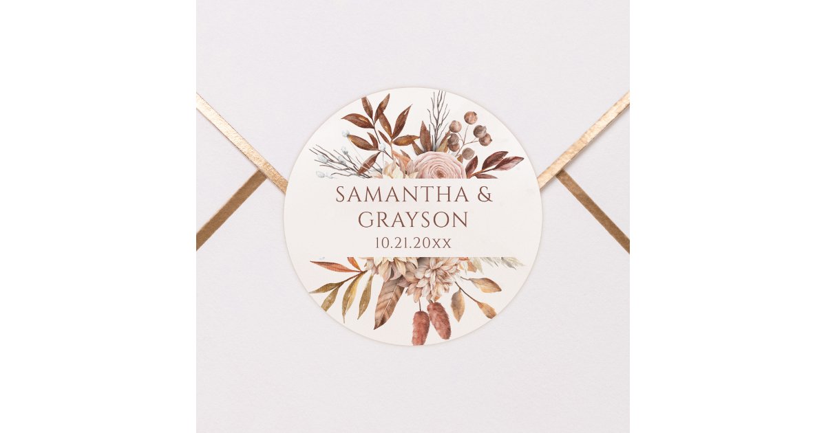Terracotta Rust Flowers Boho Fall Foliage Wedding Classic Round Sticker ...
