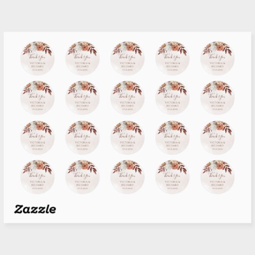 Terracotta Rust Flowers Boho Fall Foliage Wedding Classic Round Sticker ...