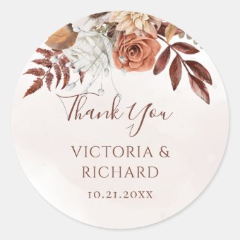 Terracotta Rust Flowers Boho Fall Foliage Wedding Classic Round Sticker ...