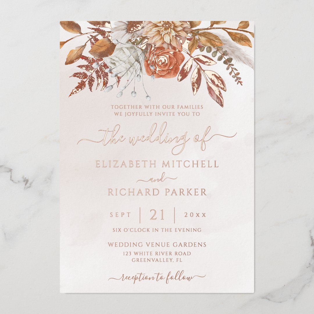Terracotta Rust Flowers Boho Fall Foliage Wedding Foil Invitation | Zazzle