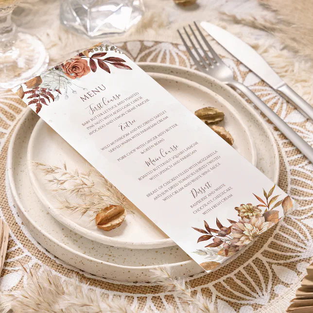 Terracotta Rust Flowers Boho Fall Foliage Wedding Menu | Zazzle
