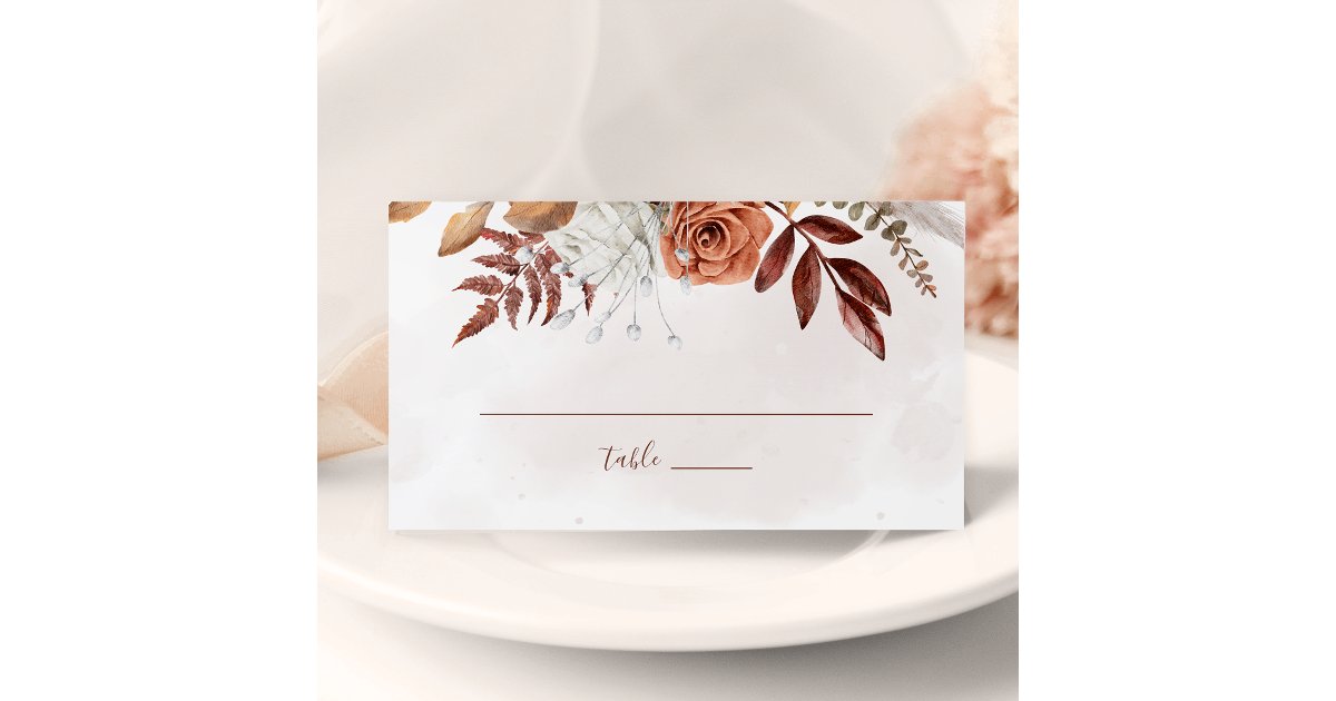 Terracotta Rust Flowers Boho Fall Foliage Wedding Place Card | Zazzle