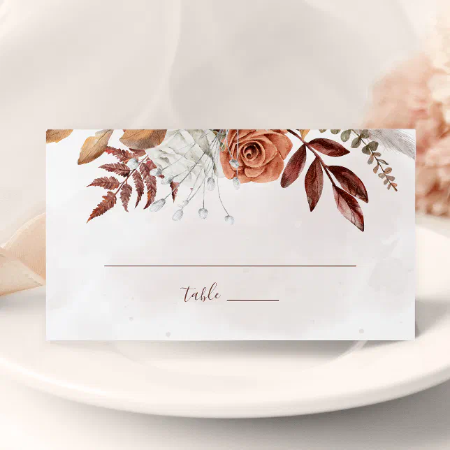 Terracotta Rust Flowers Boho Fall Foliage Wedding Place Card | Zazzle