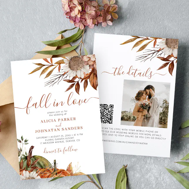 Terracotta rust leaves boho floral fall wedding invitation | Zazzle