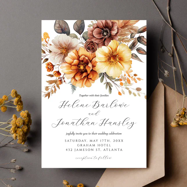 Terracotta Rust Orange Boho Floral Elegant Wedding Invitation | Zazzle