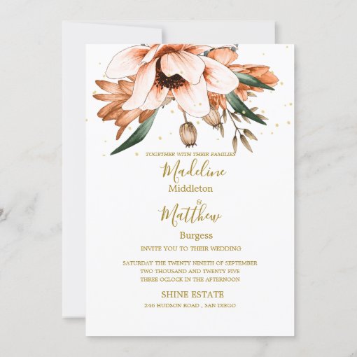 Terracotta Rustic Orange Floral Elegant Wedding Invitation | Zazzle