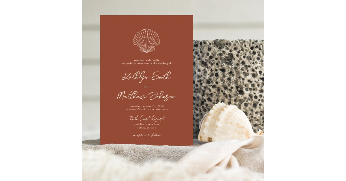 Terracotta Shell Beach Ocean Destination Wedding Invitation | Zazzle