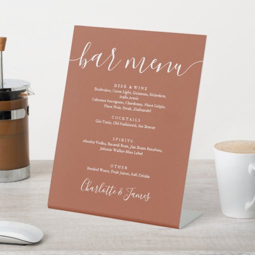 Terracotta Signature Script Wedding Bar Menu Pedestal Sign | Zazzle