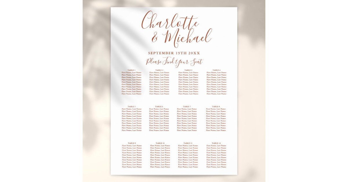 Terracotta Signature Script Wedding Seating Chart | Zazzle