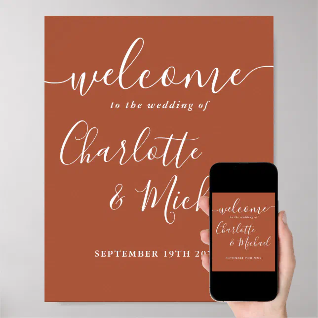 Terracotta Signature Script Wedding Welcome Sign | Zazzle