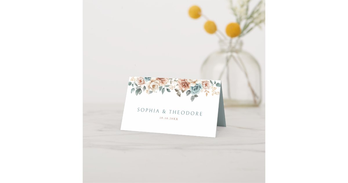 Terracotta Teal Neutral Watercolor floral wedding Place Card | Zazzle