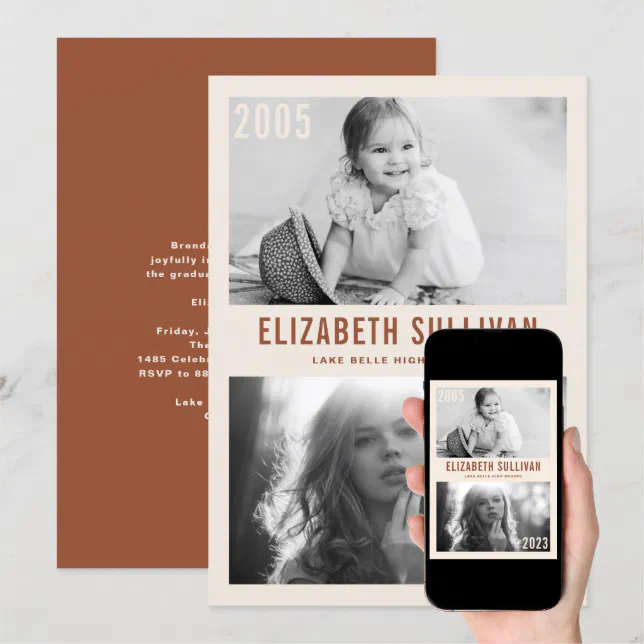Terracotta Then and Now Photo Collage Graduation Invitation | Zazzle