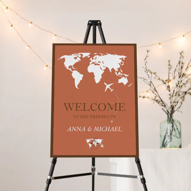 Terracotta Travel Themed Wedding World Map Welcome Foam Board | Zazzle