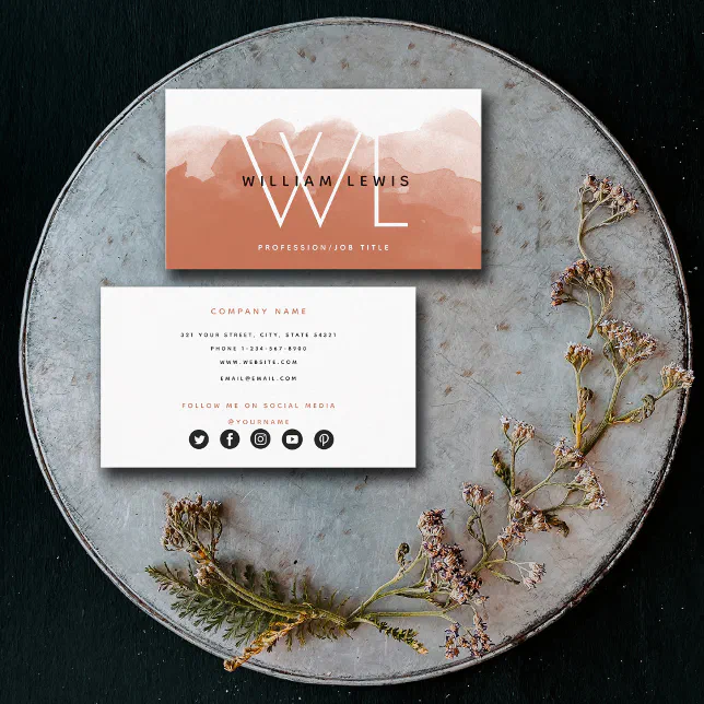 Terracotta Watercolor Modern Social Media Icons Business Card | Zazzle