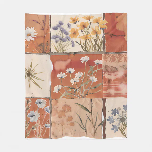 Terracotta Wildflower Patchwork Rustic Boho Spring Fleece Blanket | Zazzle