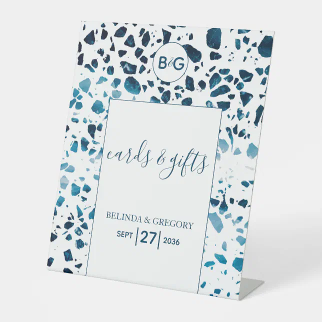 Terrazzo Mosaic Blue Wedding Cards & Gifts Pedestal Sign | Zazzle