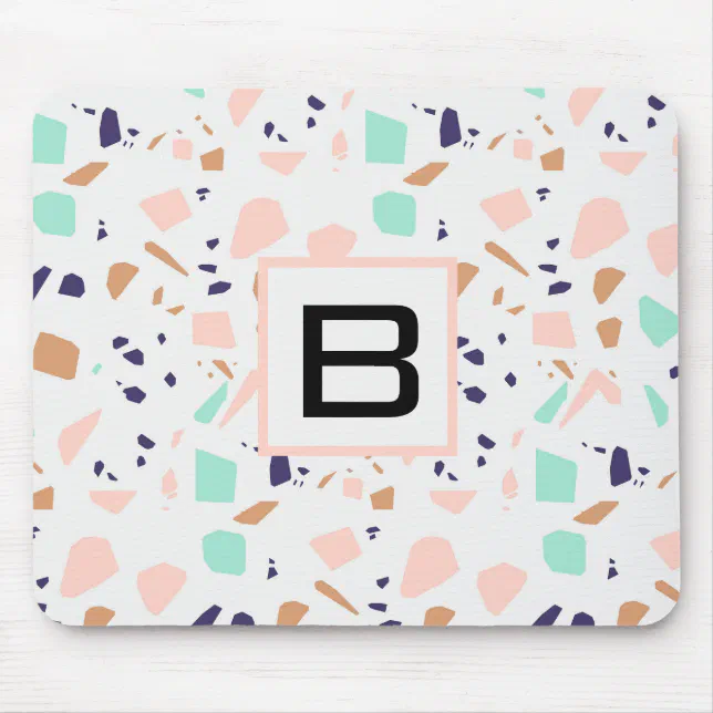 Terrazzo white blush mint monogram initial mouse pad | Zazzle